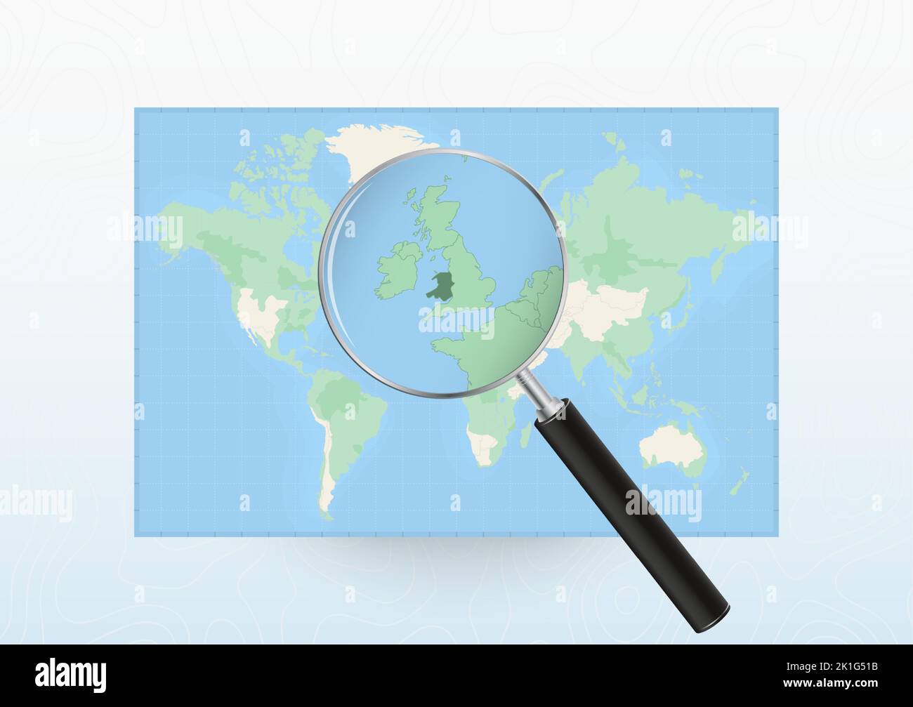 Map of the World with a magnifying glass aimed at Wales, searching Wales with loupe. Vector map ...