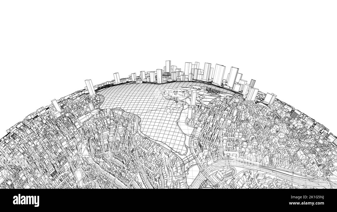 3d city sphere. Vector rendering of 3d. Wire-frame style. The layers of ...
