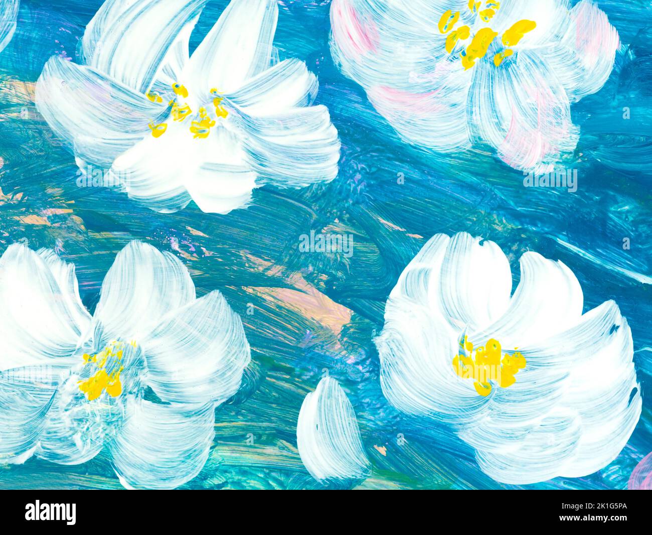 Abstract painting white flowers on blue, original hand drawn ...