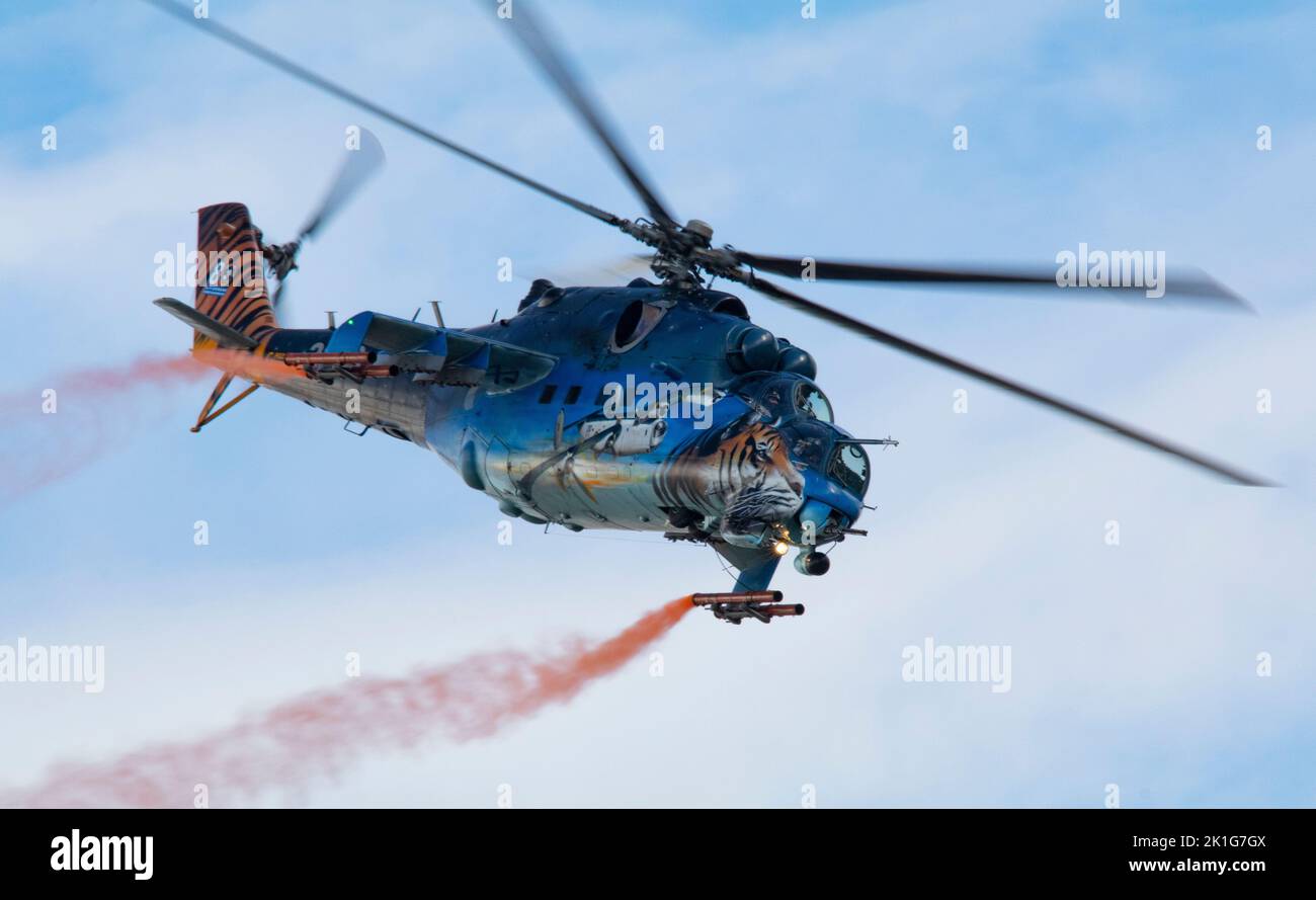 Attack helicopter Mil Mi-24 Hind of the Czech Air Force performing it's ...
