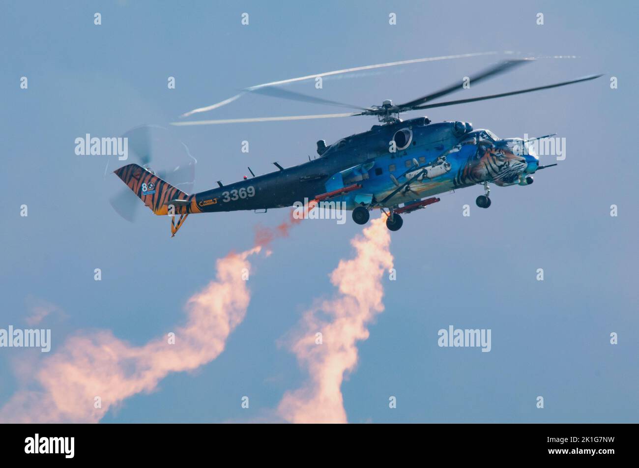 Attack helicopter Mil Mi-24 Hind of the Czech Air Force performing it's ...