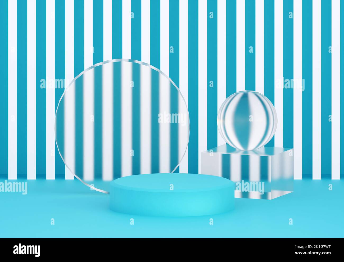 Cyan podium with abstract glass texture objects and white stripes wall ...
