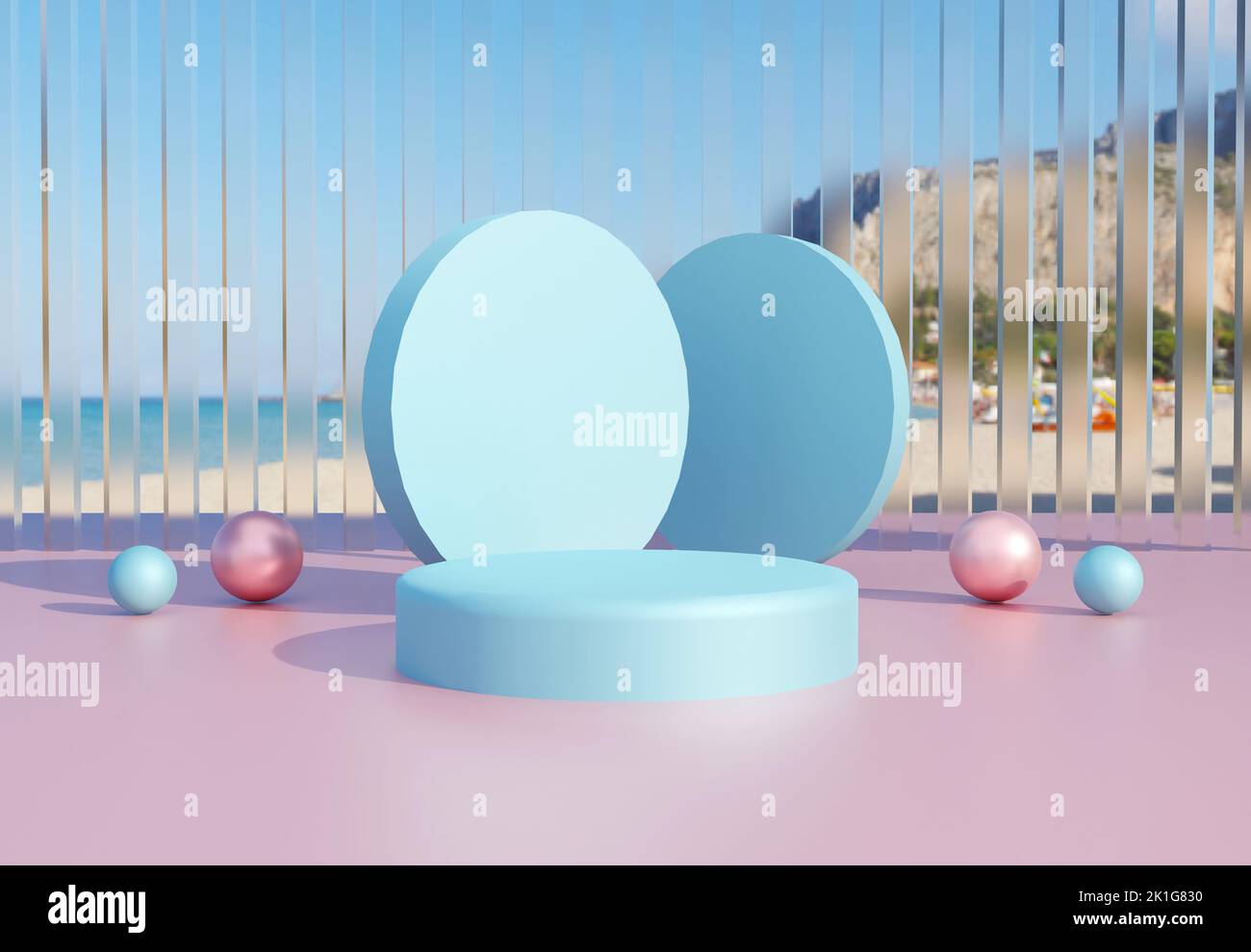 Blue podium with abstract art objects. Stand to show products. Stage ...