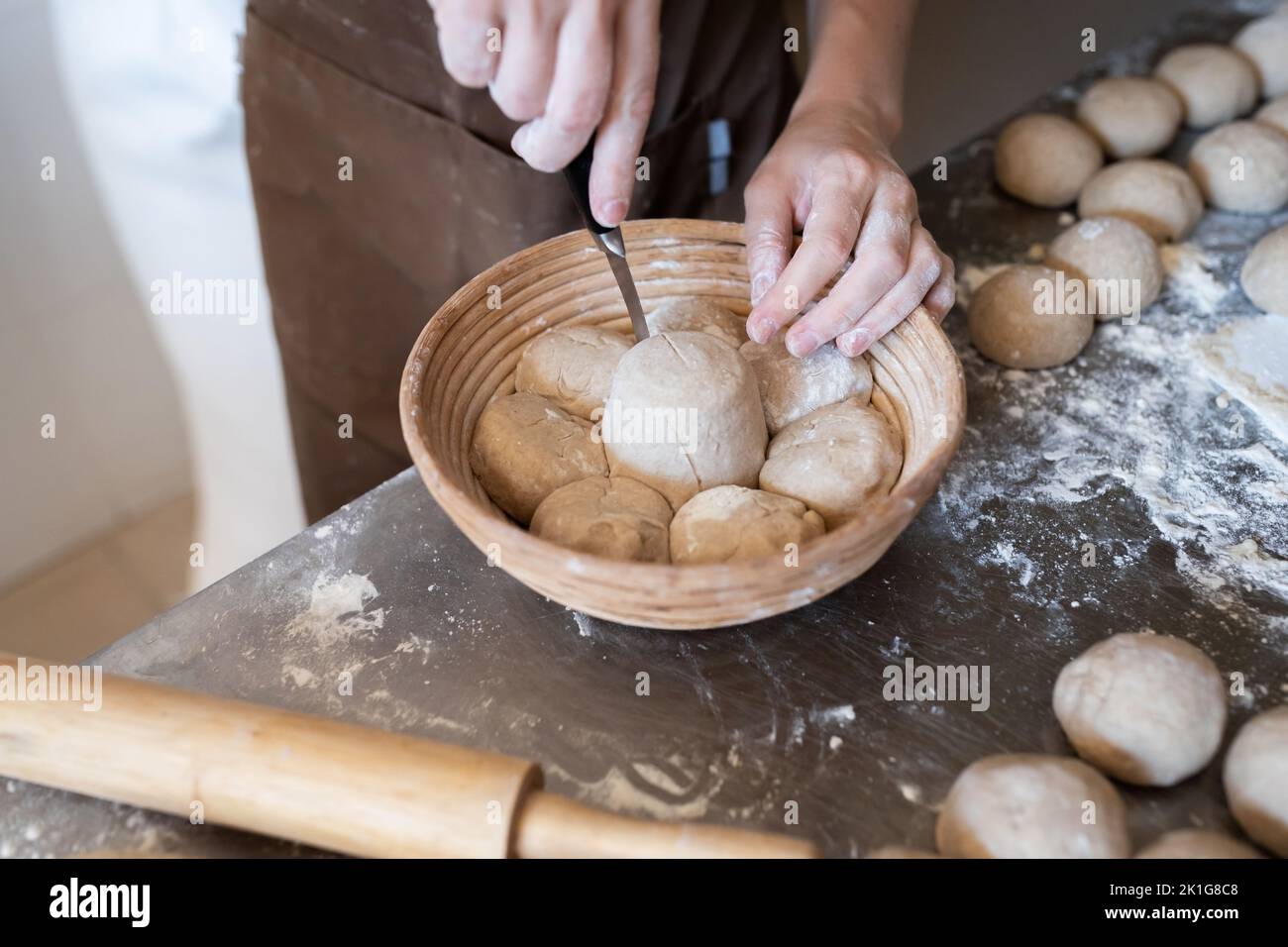 The process of making traditional French bread in a craft bakery ...