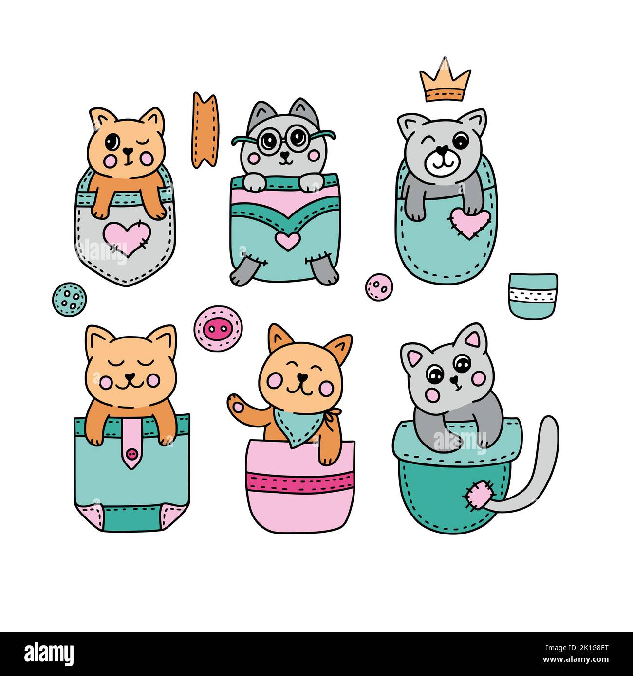 Cat doodle hand drawn cartoon kitten set. Funny cute happy animal in ...