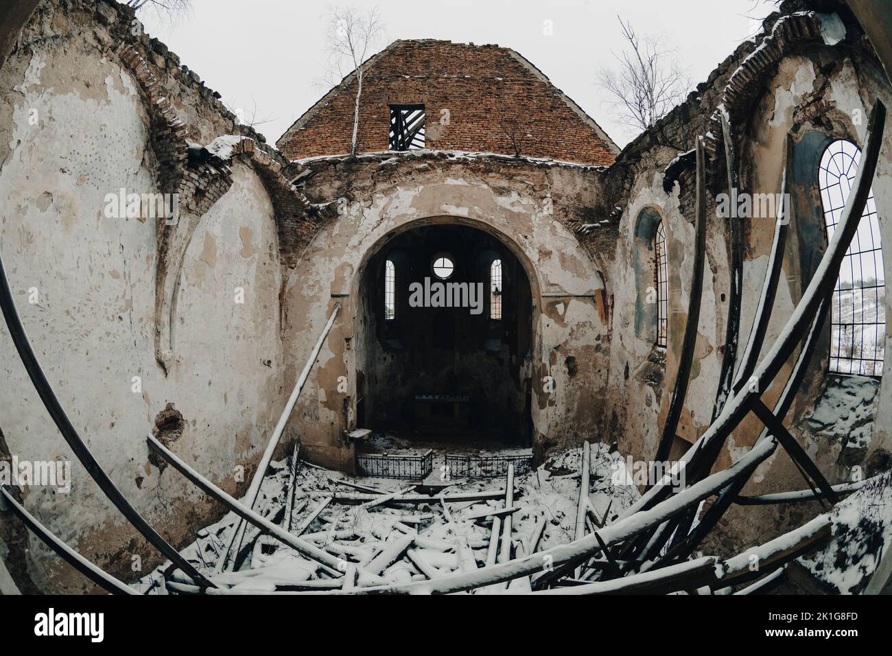 Fisheye interior of haunted old church near Lviv, Ukraine. Ruined ...