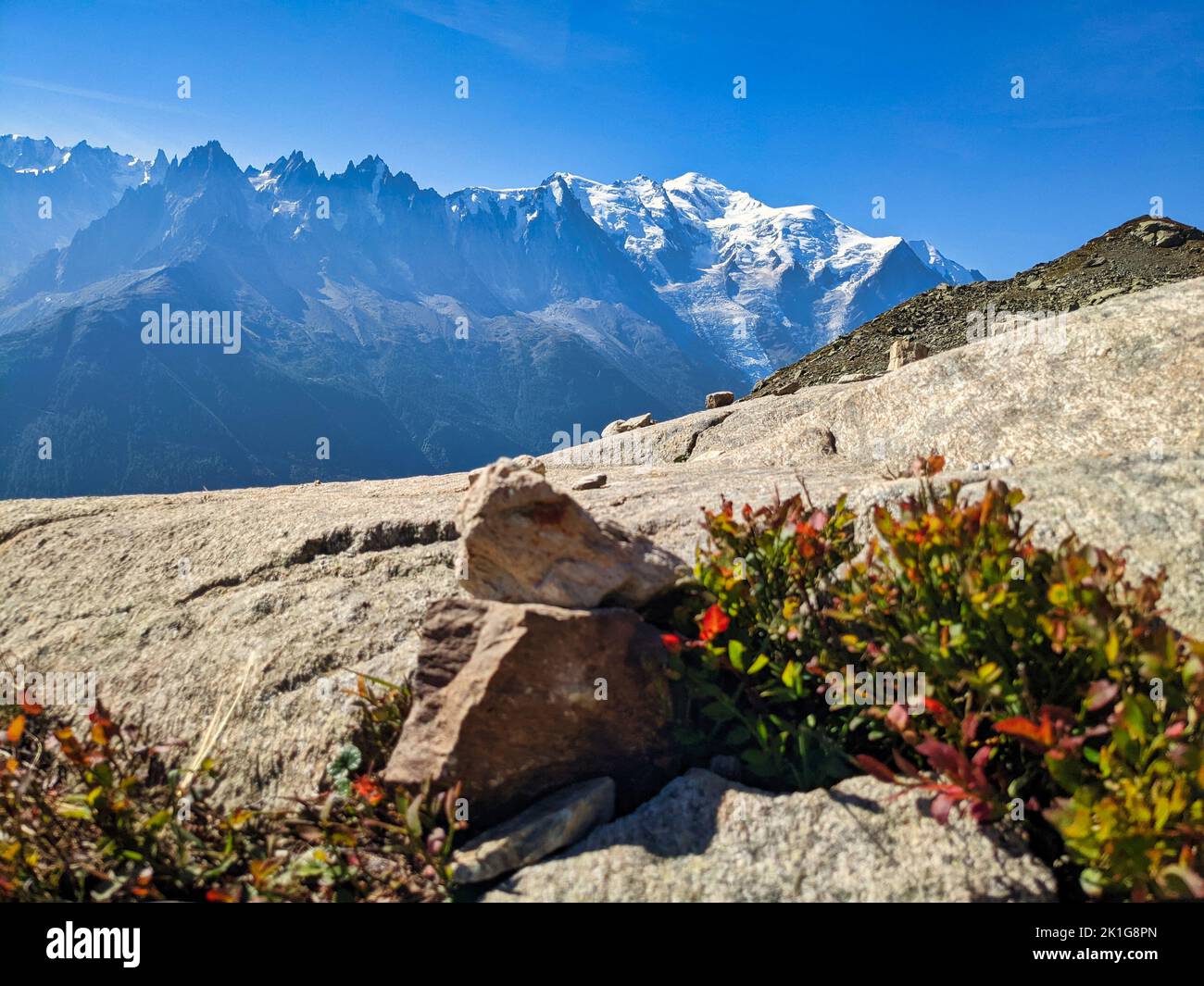 Mountain landscape in Chamonix. Hiking holidays with a breathtaking view of the Mont Blanc ...