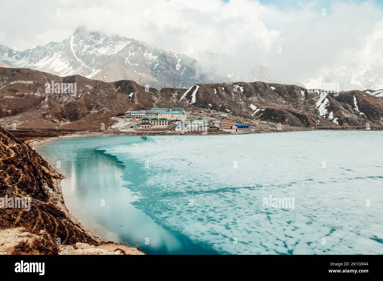 Amazing blue Gokio lake under ice and snow, Nepal, Himalayas Stock ...