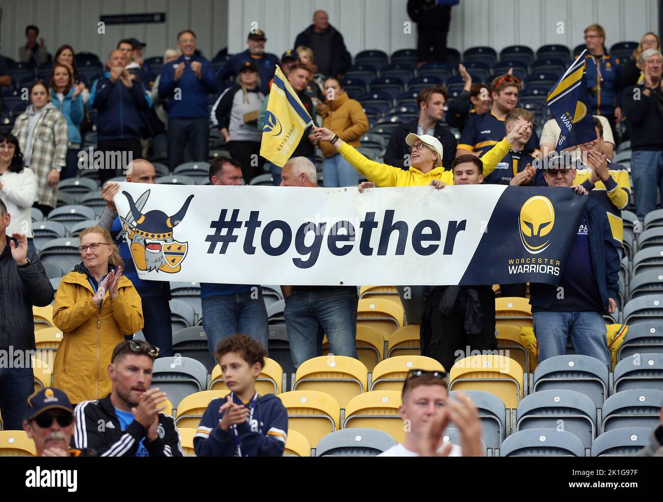 Worcester Warriors fans in the stands react following the Gallagher ...