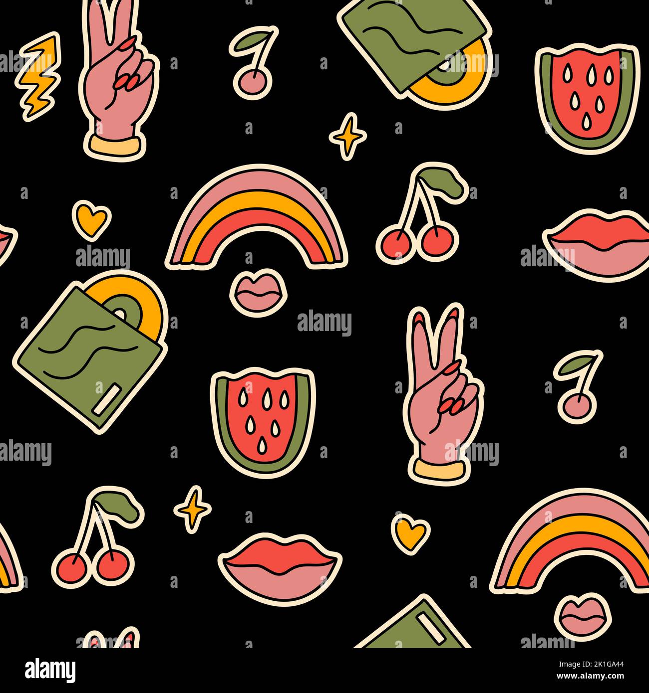 70s 80s groovy retro seamless vector pattern. Cartoon rainbow, music ...