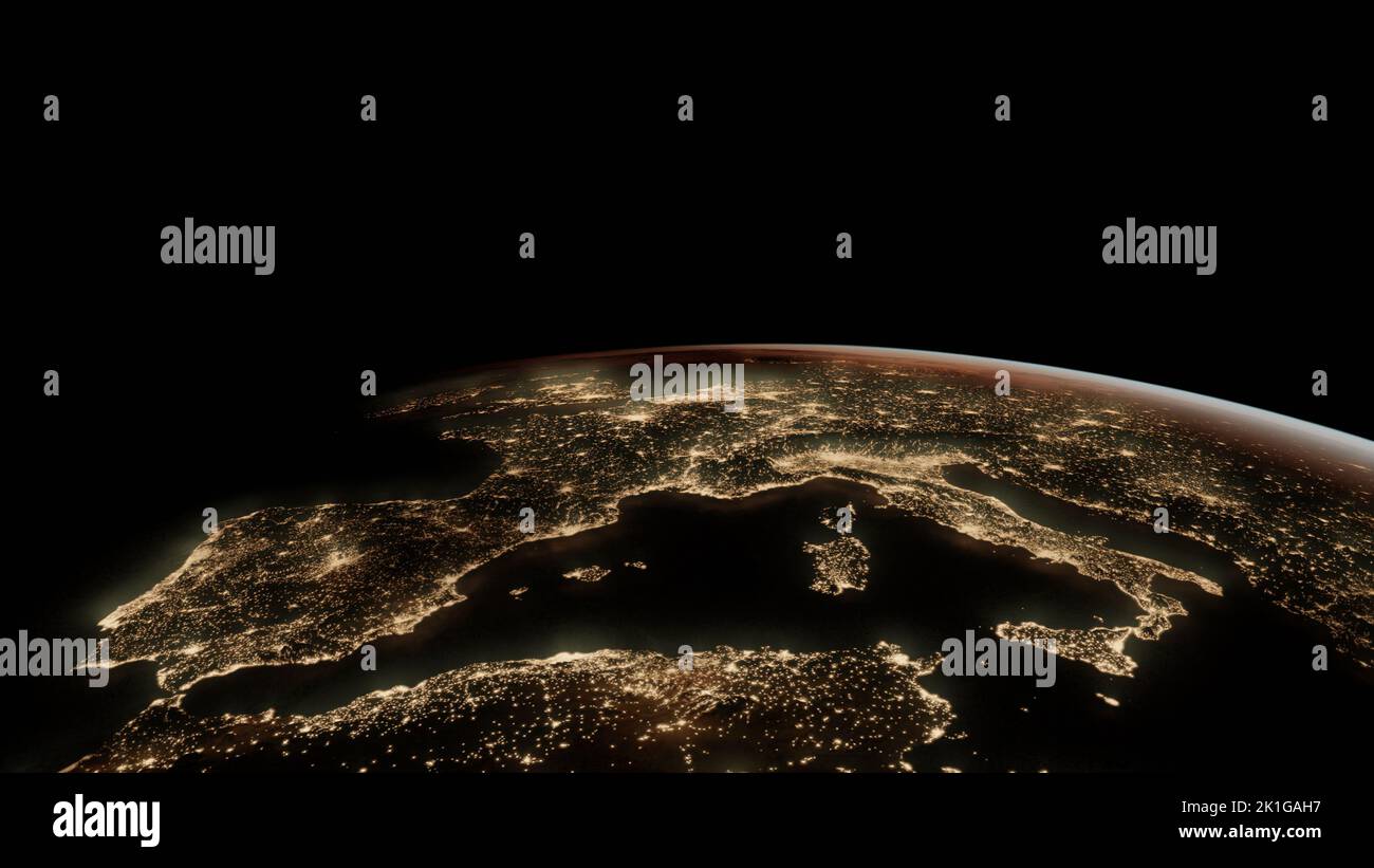 Earth seen from the space, view from the orbit at the Europe by night. Lights of the cities ...