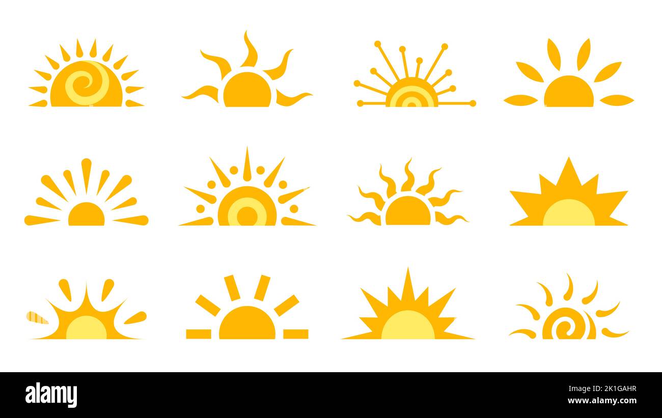 Half sun flat icon set. Logo sunrise sunset isolated on white. Various ...