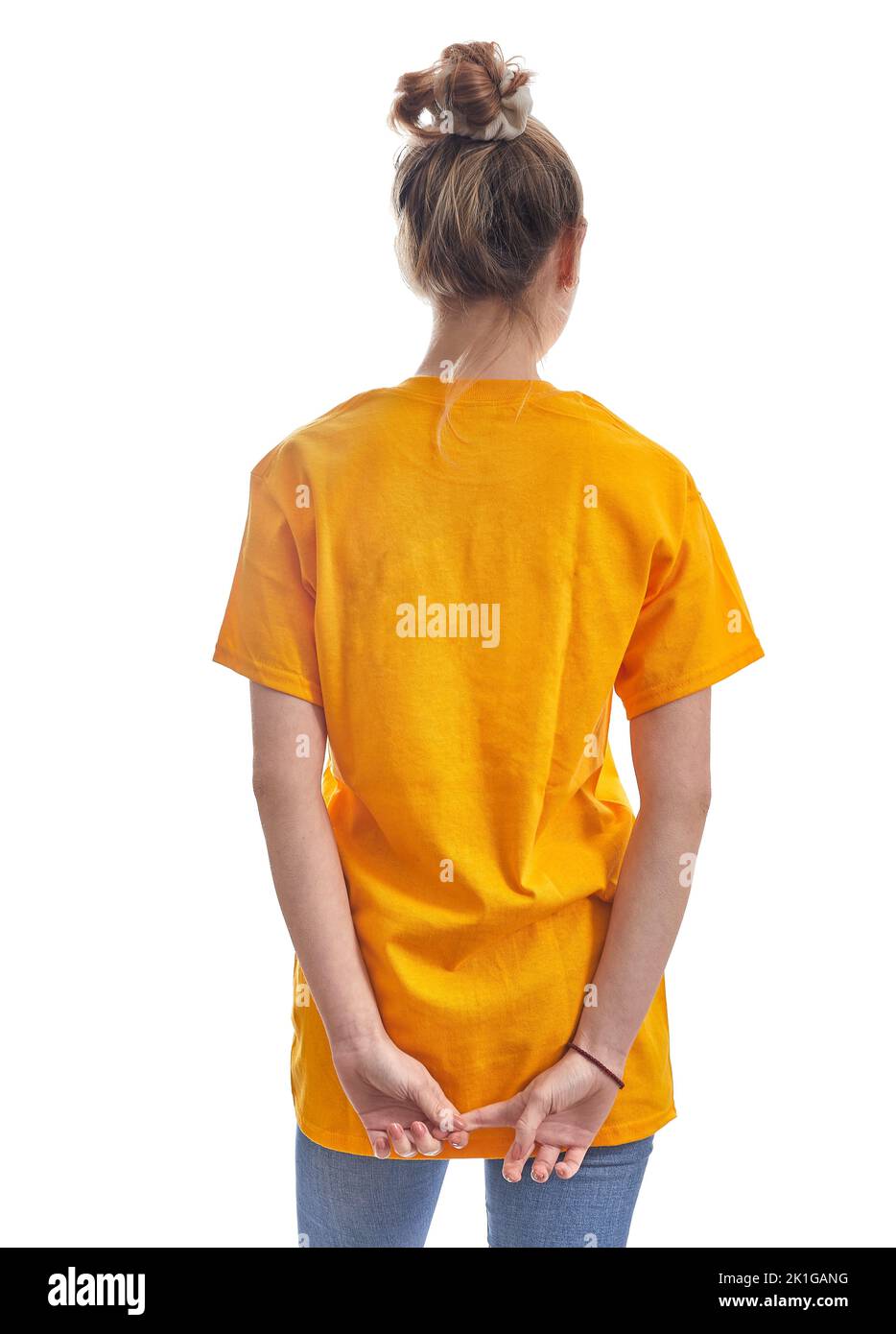 Girl in T-shirt white background, showing back Stock Photo - Alamy