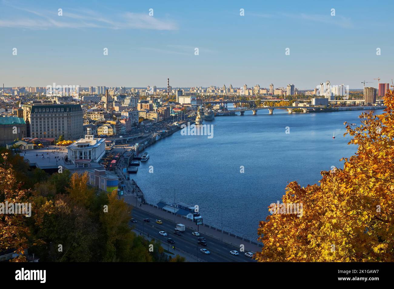 Ukraine, Kiev. View from the Glass Bridge to the city center, road ...