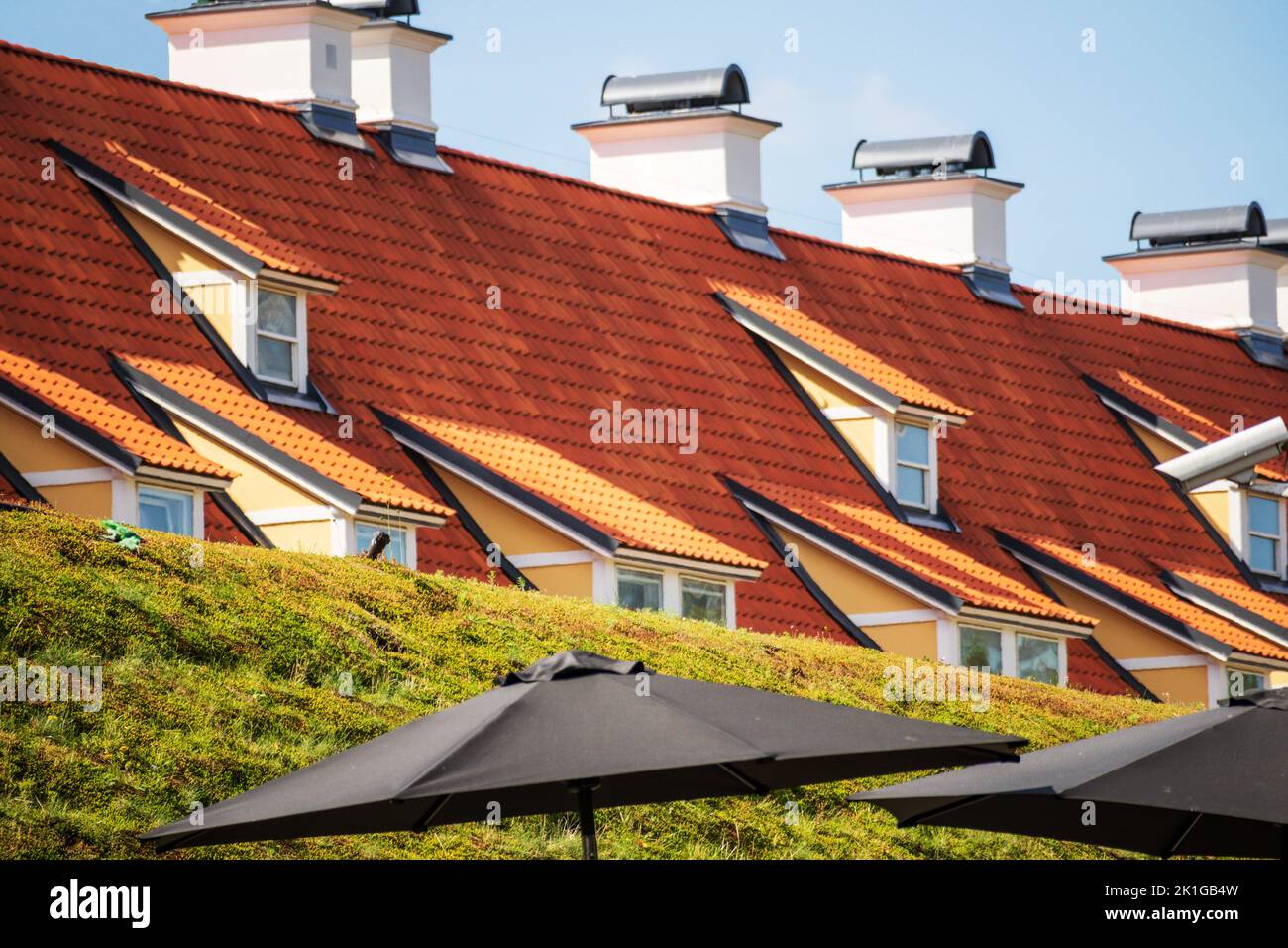 A white house with many windows and brown roof tiles with green grass ...