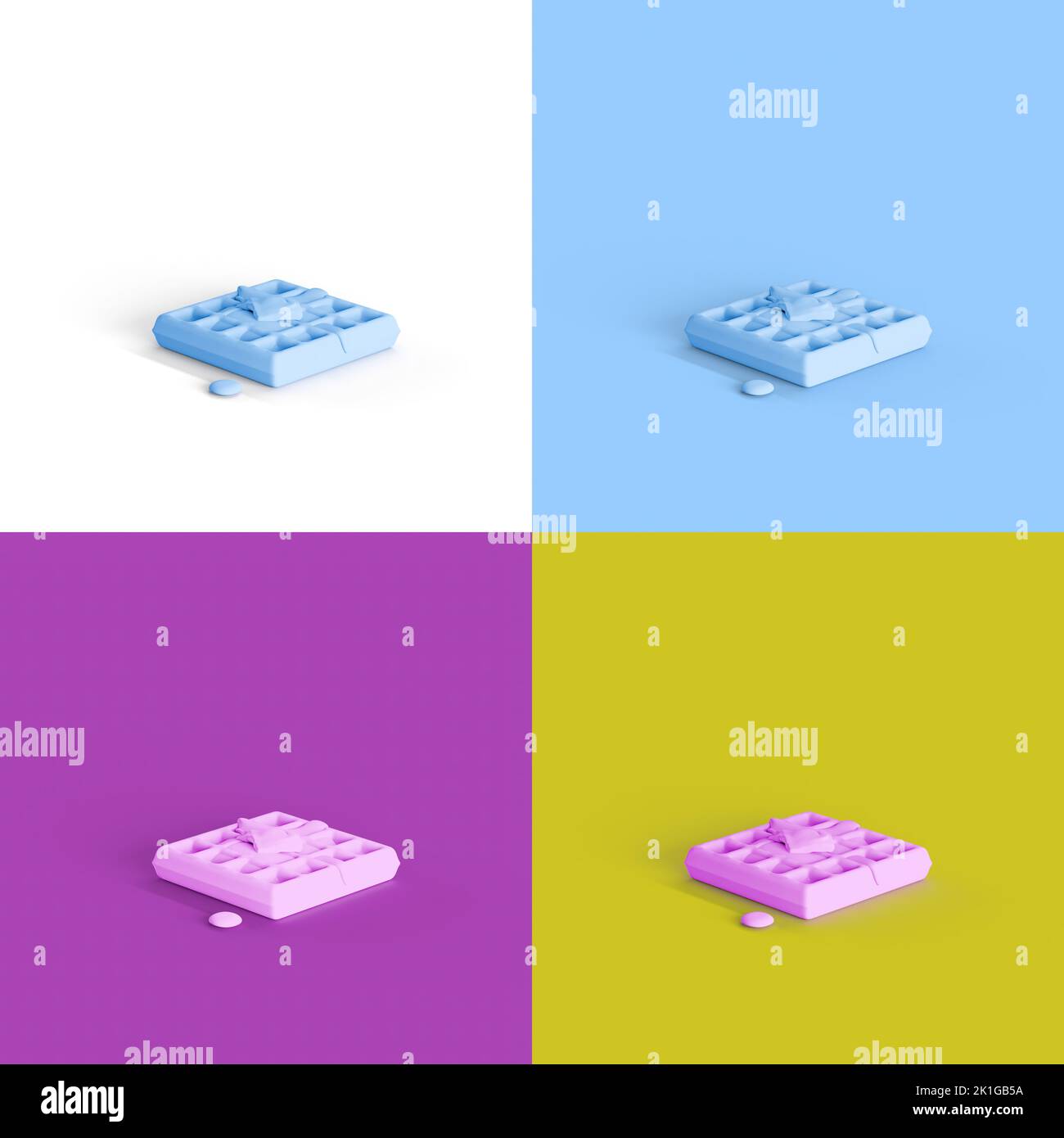 A 3D rendering of a Belgian waffle in four different color schemes ...