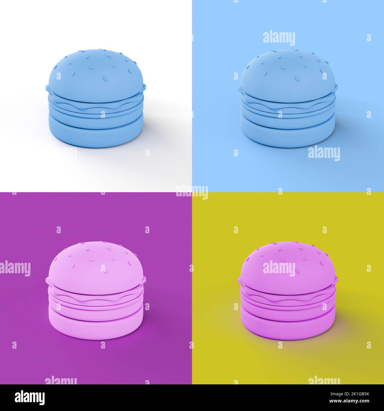A 3D rendering of a burger presented in four different color schemes ...