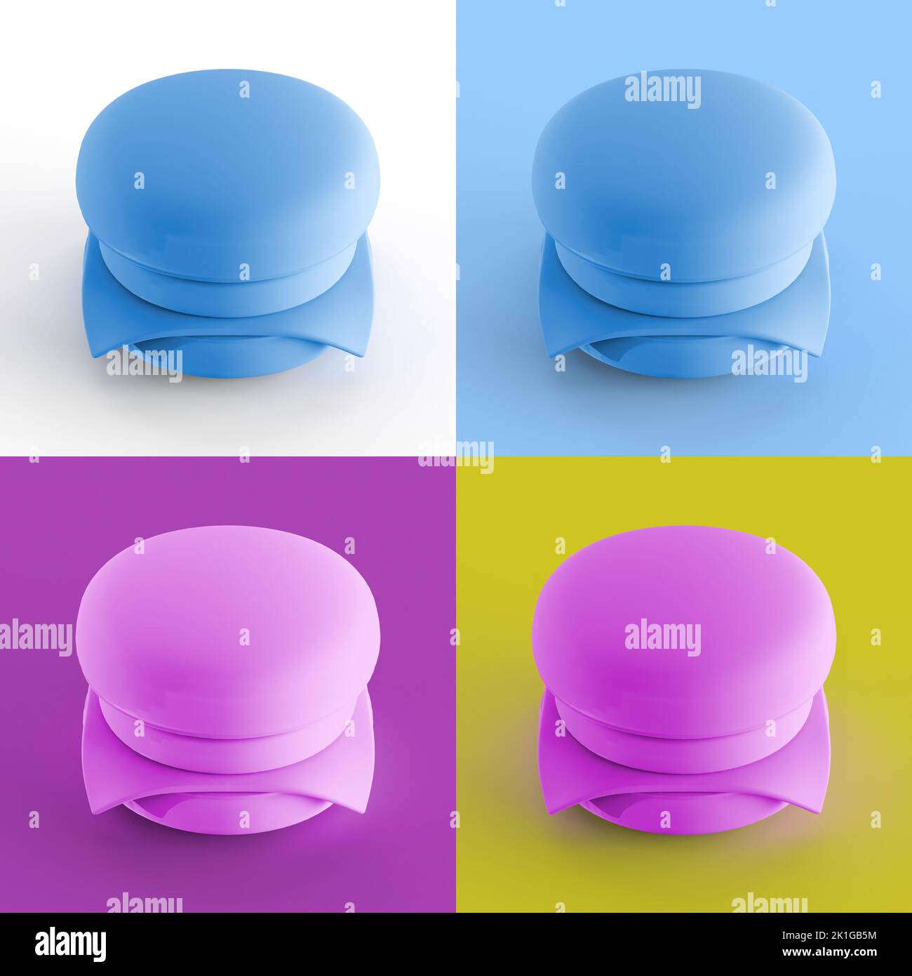 A 3D rendering of a burger presented in four different color schemes ...