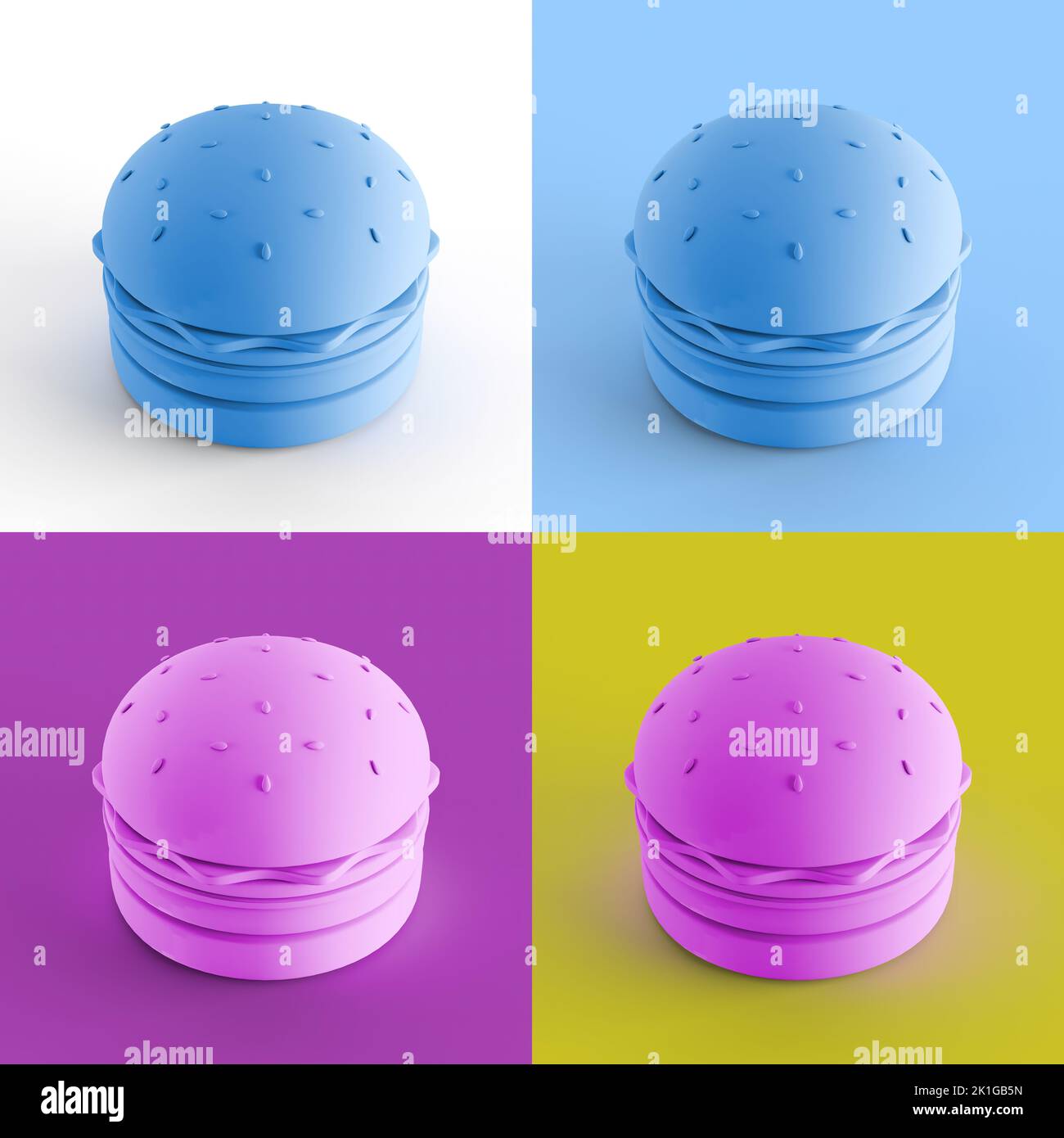 A 3D rendering of a burger presented in four different color schemes ...