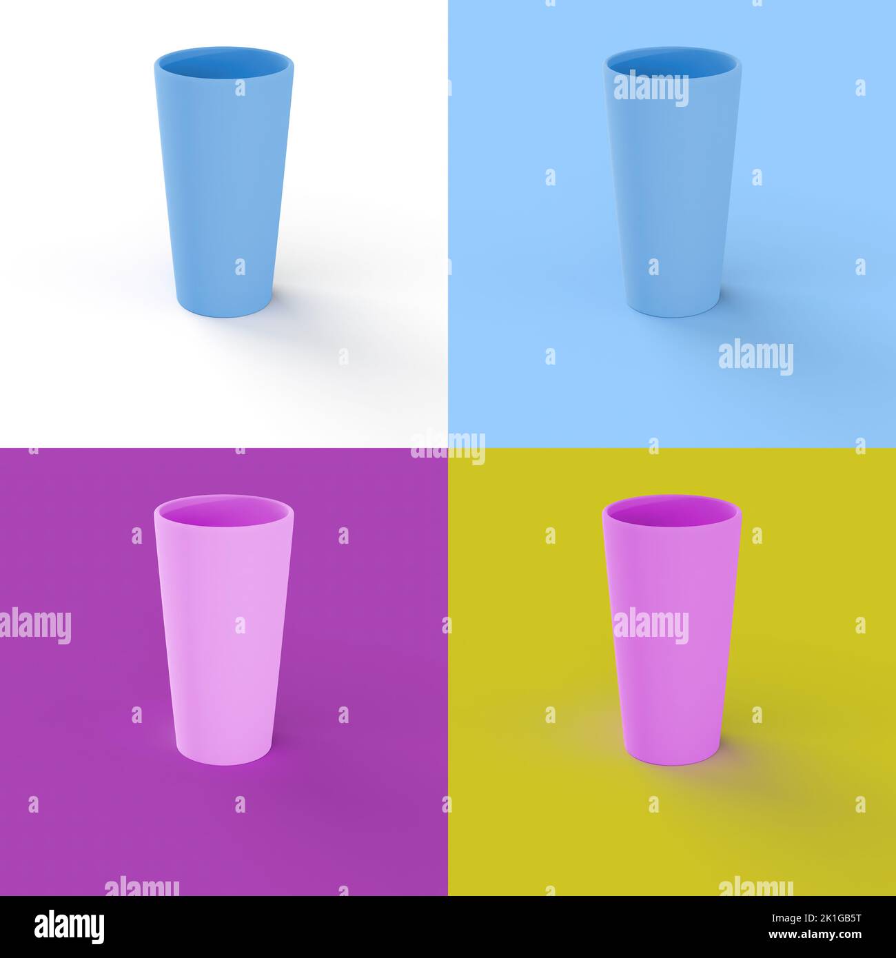 A 3D rendering of a glass presented in four different color schemes ...