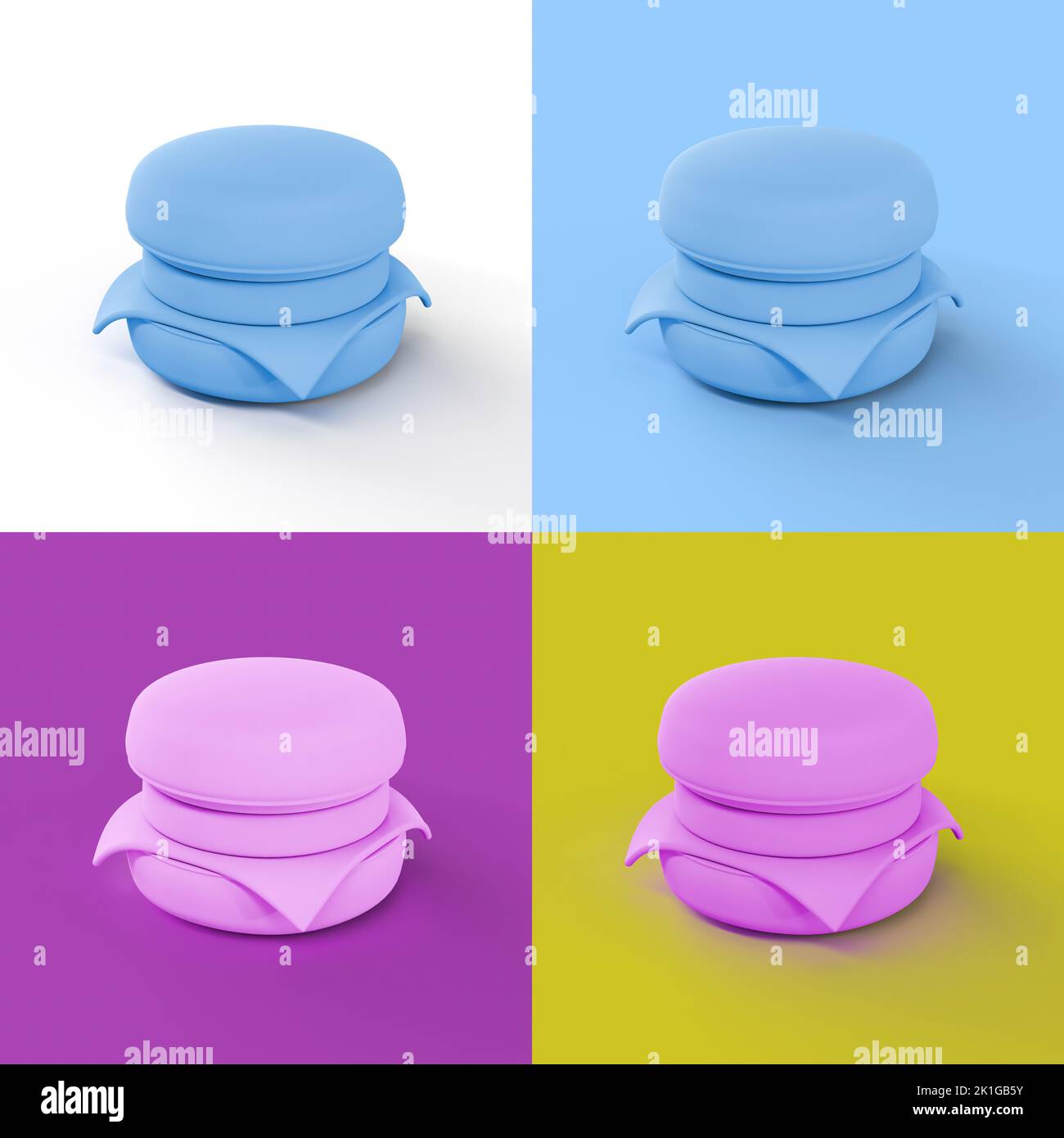 A 3D rendering of a burger presented in four different color schemes ...