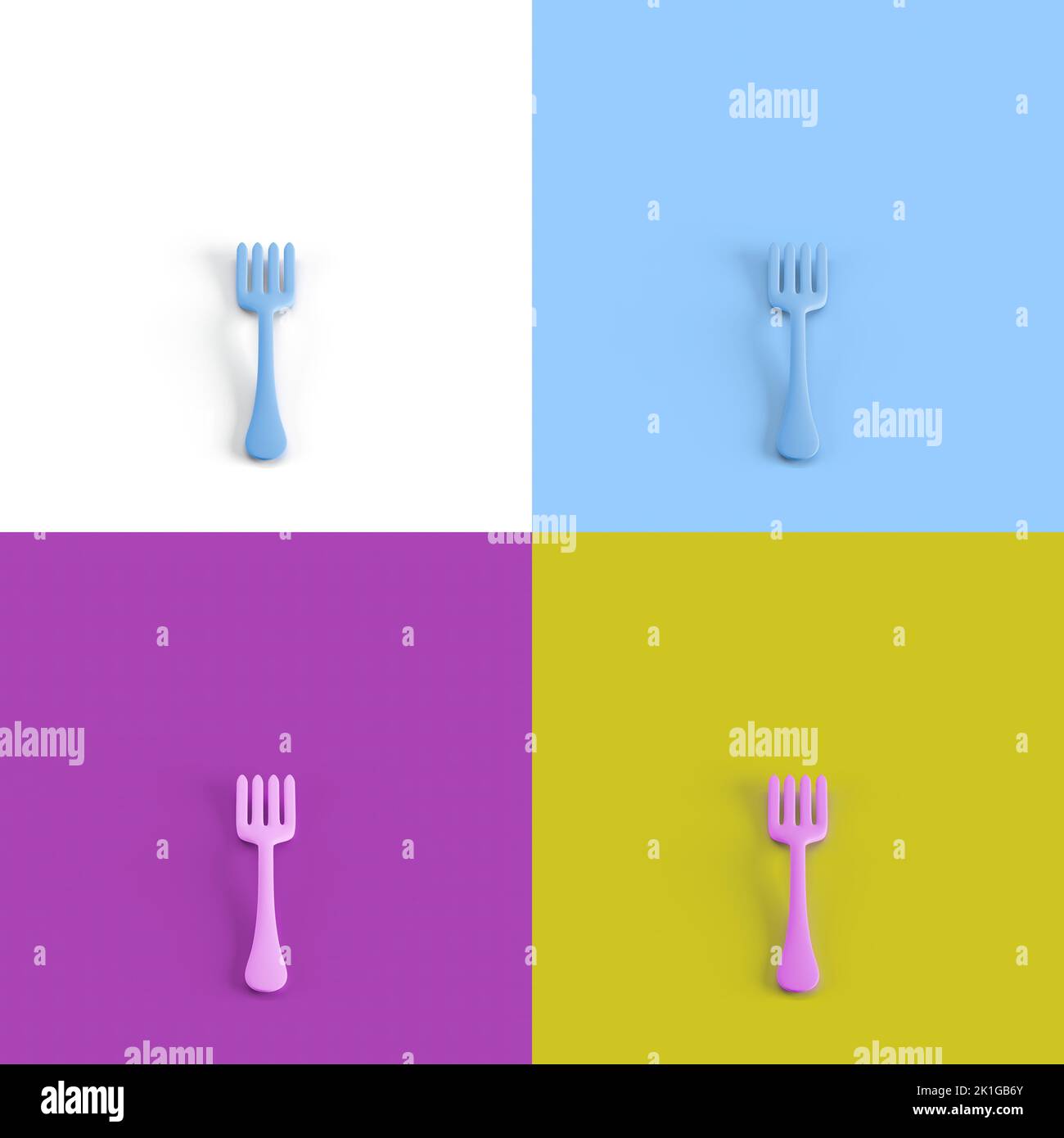 A 3D rendering of a fork in vertical orientation presented in four ...