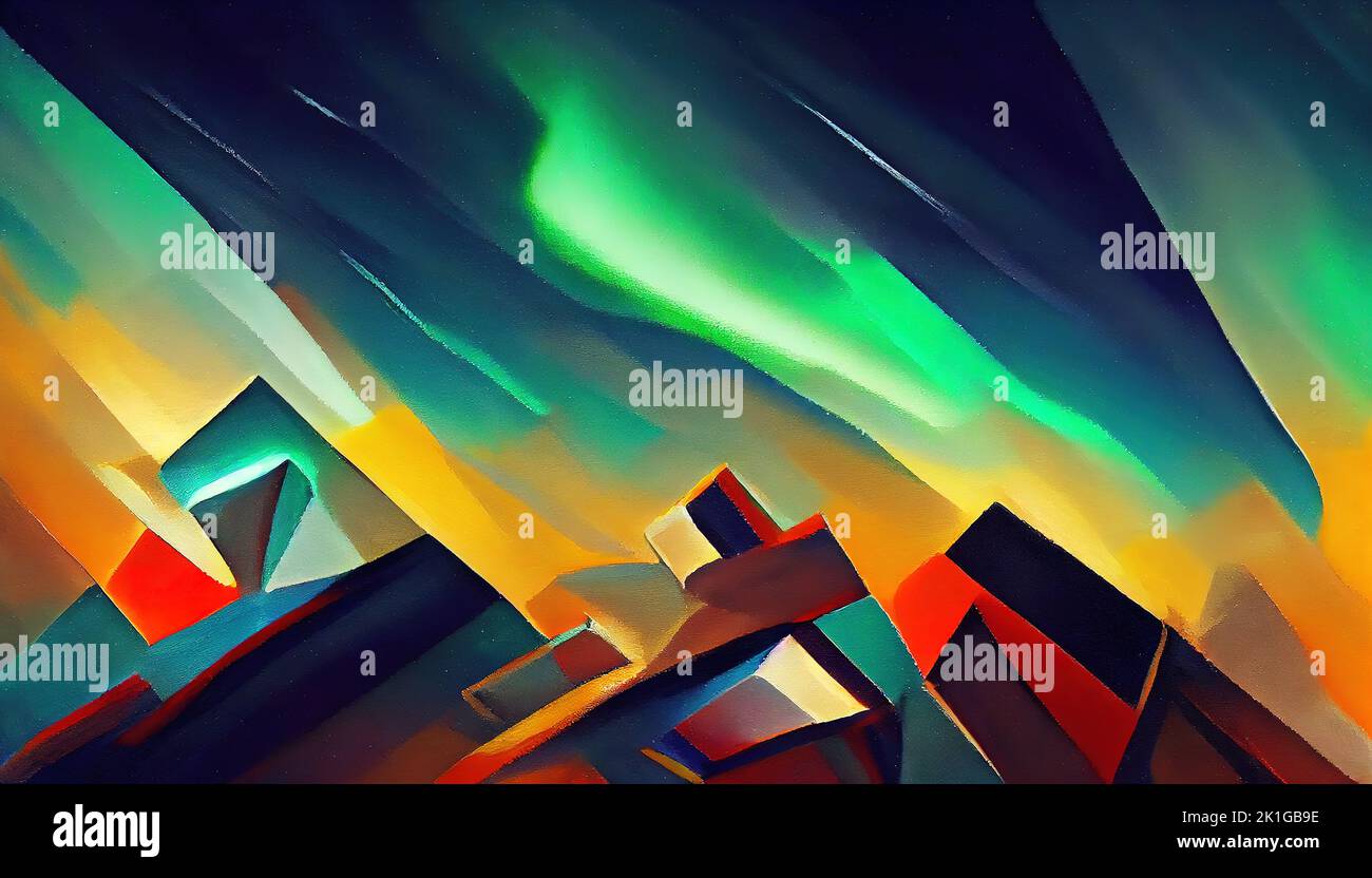 Northern lights geometric abstract picture. Digital illustration based ...