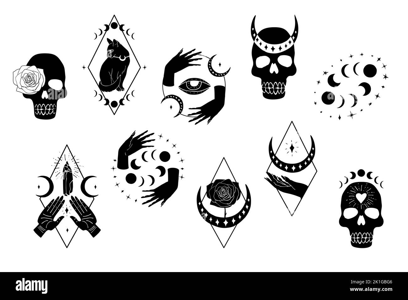Set of mystical magical scenes, black hand drawn silhouettes Stock ...