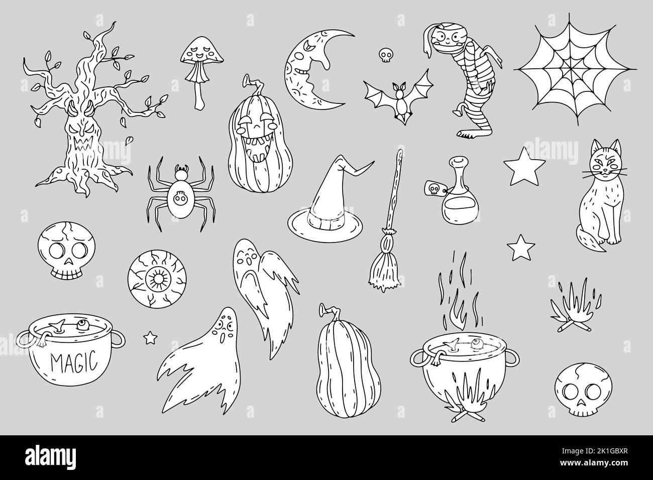 Hand drawn line art monochrome Halloween illustrations Stock Vector ...