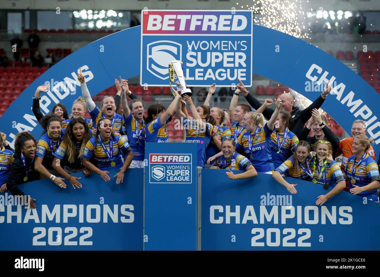 Leeds Rhinos players celebrate winning the Grand Final following the ...