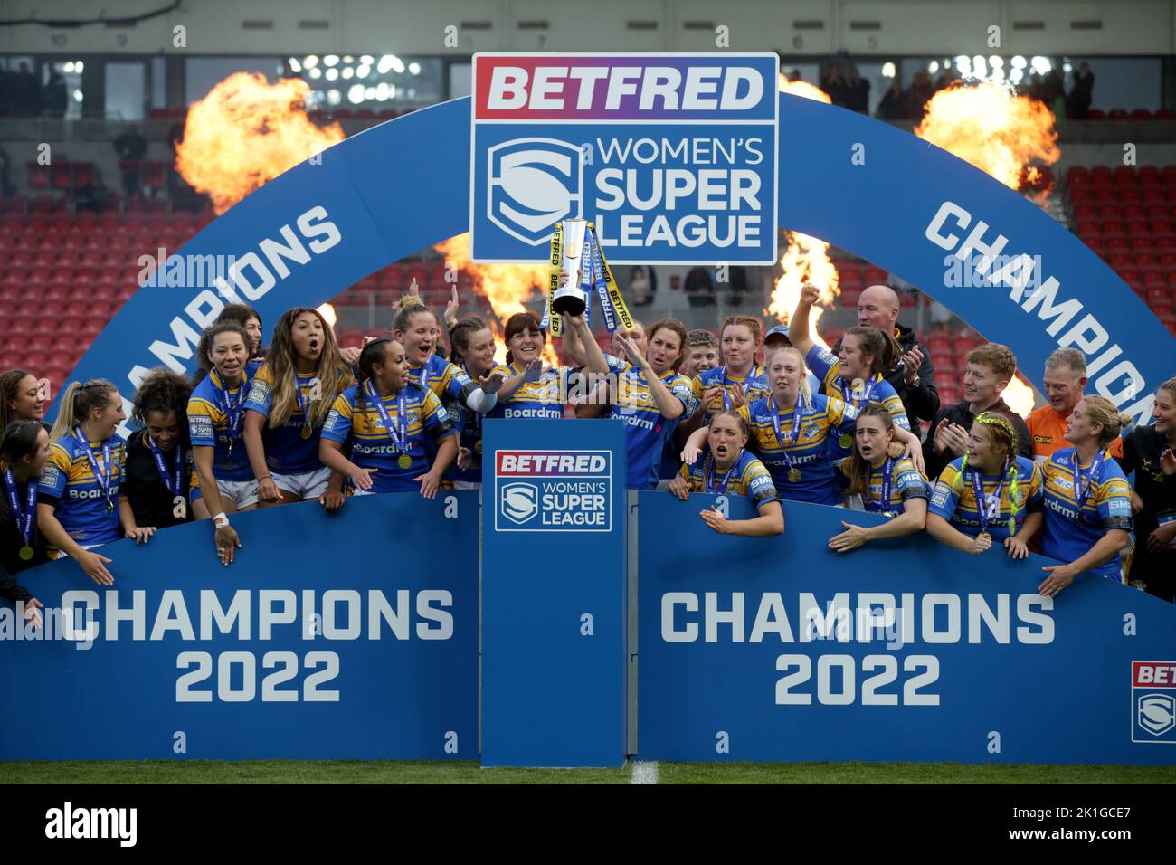 Leeds Rhinos players celebrate winning the Grand Final following the ...