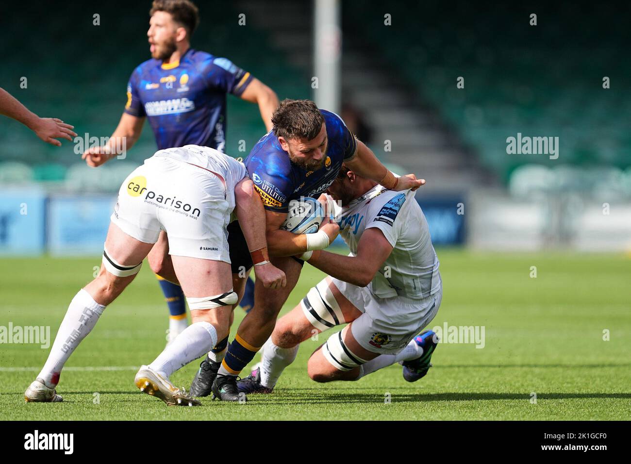 Jack Dunne of Exeter Chiefs and Jonny Gray of Exeter Chiefs tackles ...