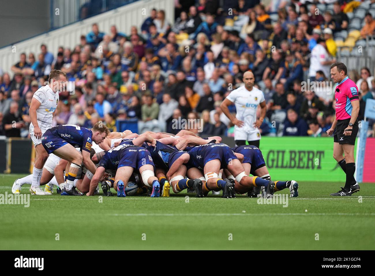 Worcester and Exeter in a scrum during the Gallagher Premiership Rugby ...