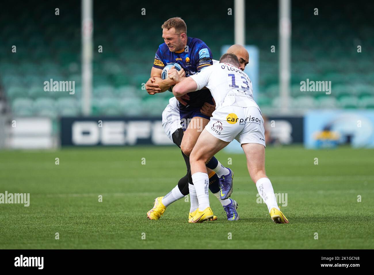 Perry Humphries of Worcester Warriors gets tackled by Rory O'Loughlin ...