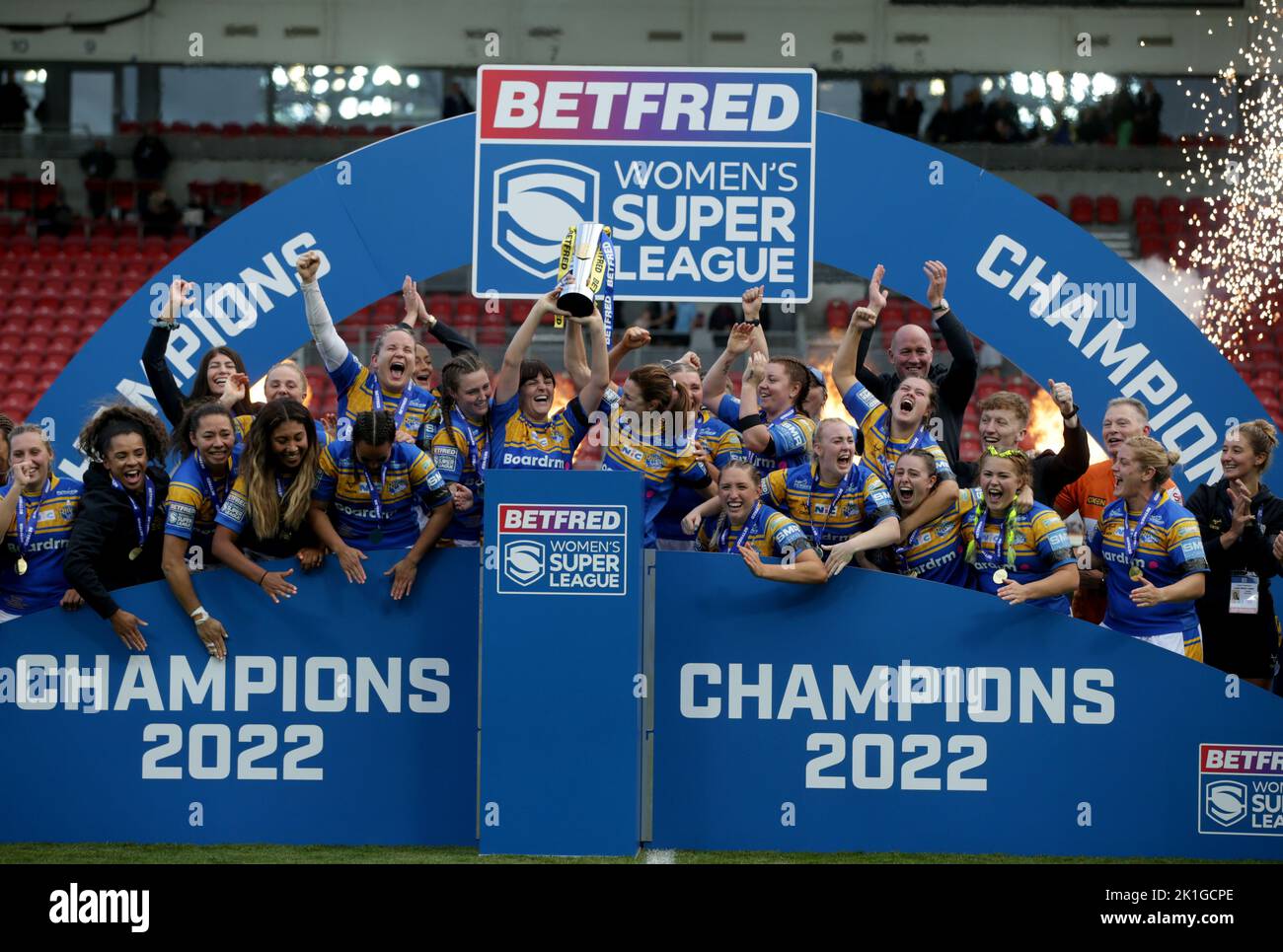 Leeds Rhinos players celebrate winning the Grand Final following the ...