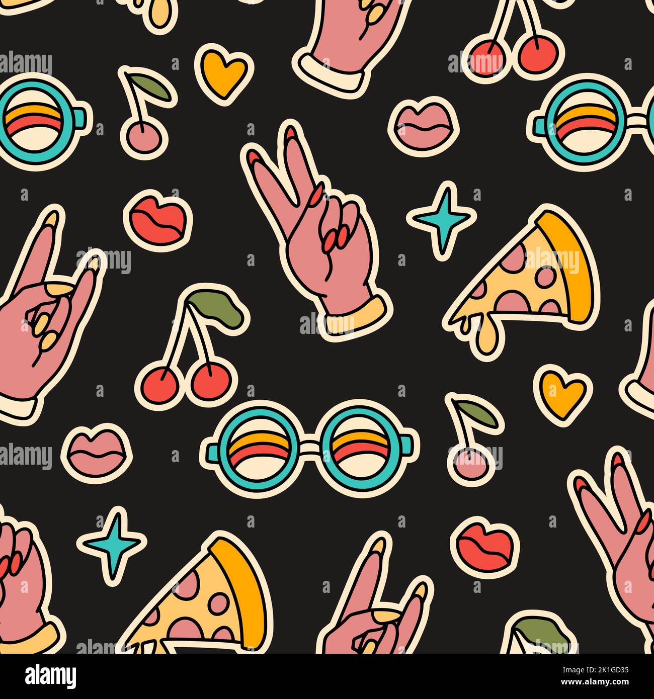 70s 80s groovy retro seamless vector pattern. Cartoon hand, pizza ...