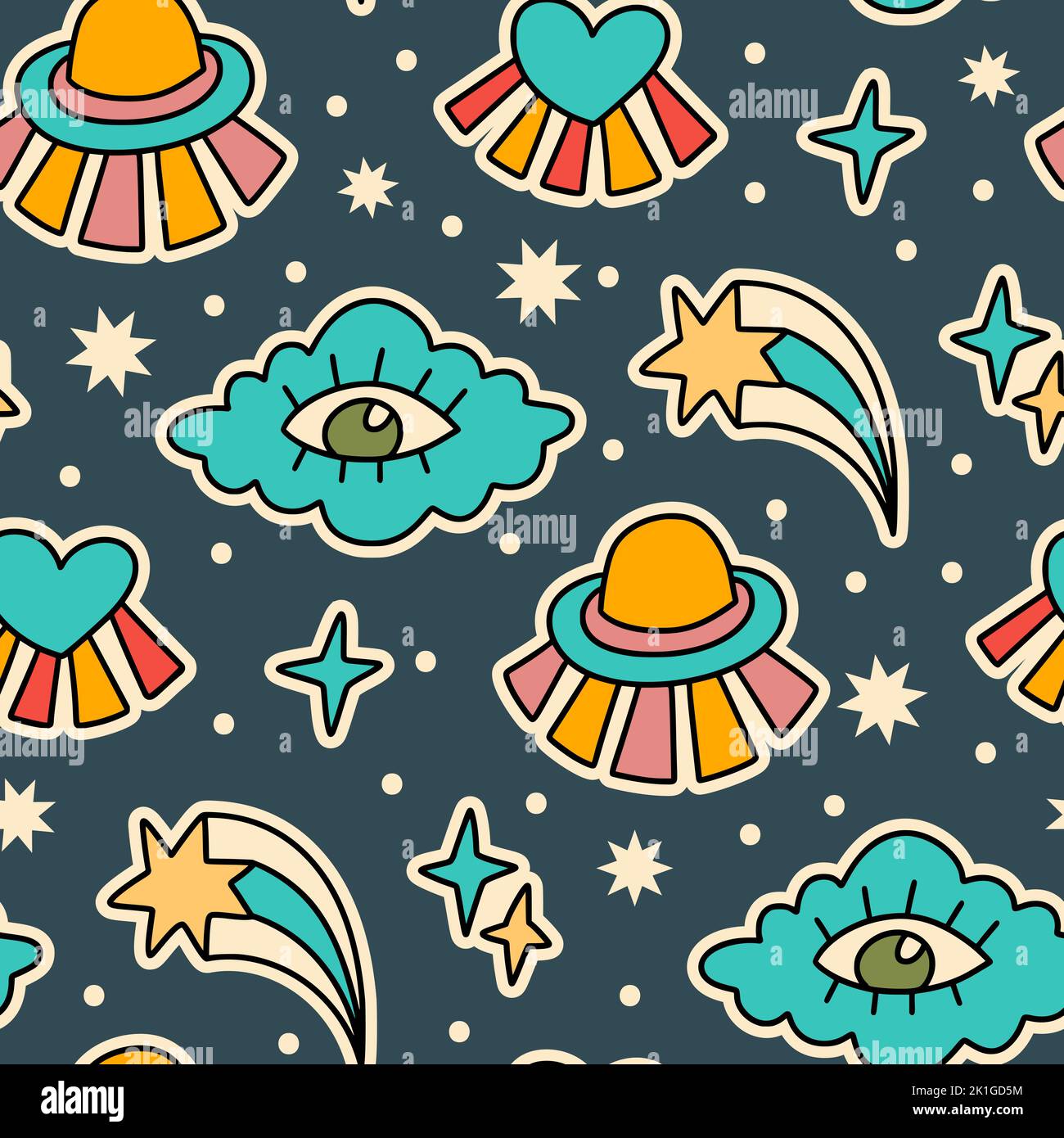 70s 80s groovy retro seamless vector pattern. Cartoon ufo cloud rainbow ...