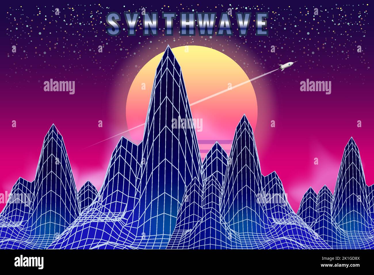 Synthwave retro banner vaporwave aesthetic background. Mountains landscape grid 3d, sunset 80's ...