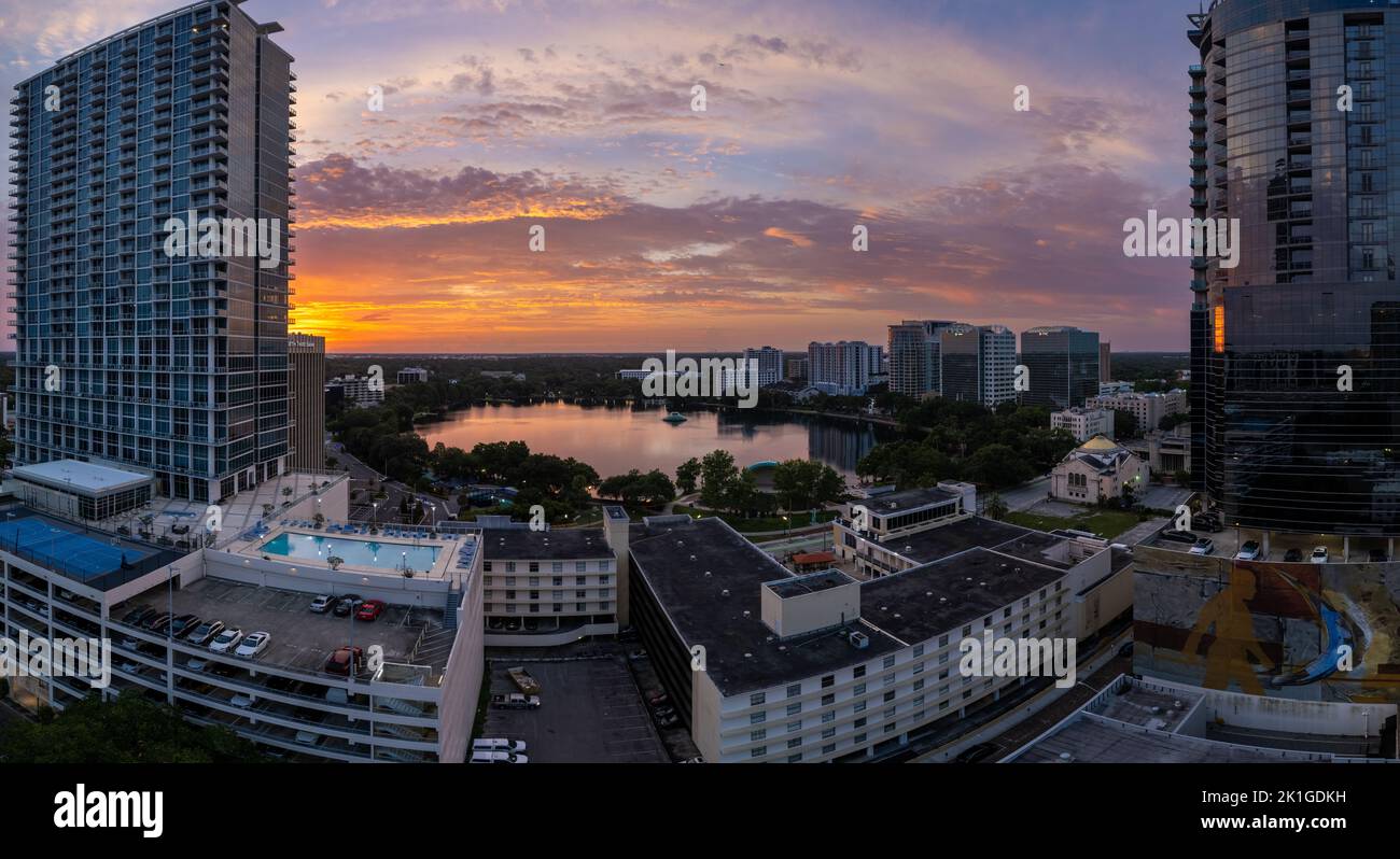 An aerial view of the Orlando skyline and lake Eola at sunrise Stock ...