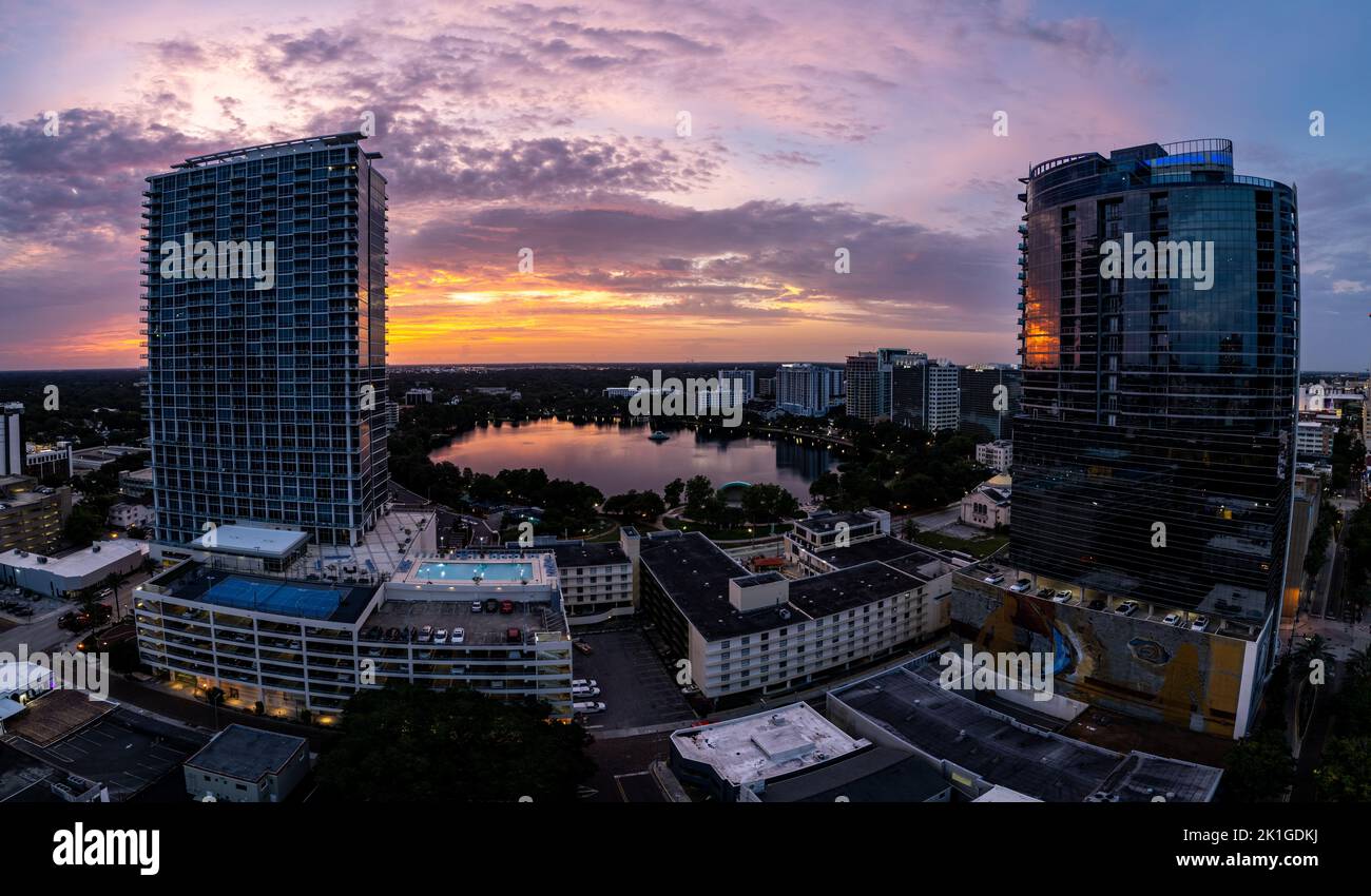 An aerial view of the Orlando skyline and lake Eola at sunrise Stock ...