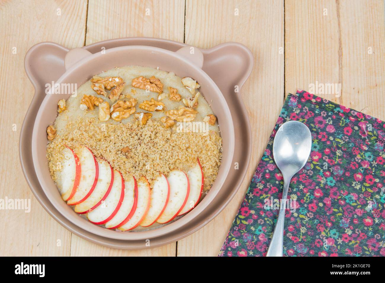 Vegan whole grain semolina porridge. Healthy sweet breakfast food for ...