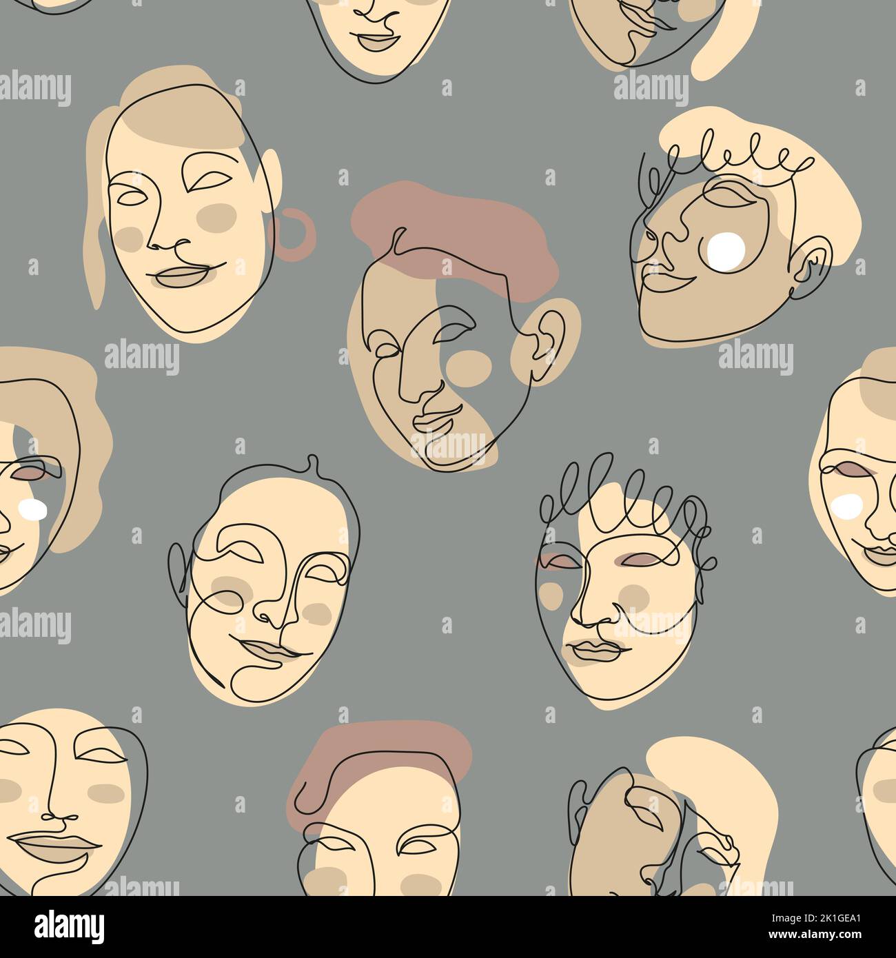 Seamless pattern with one single line drawings of female face and ...