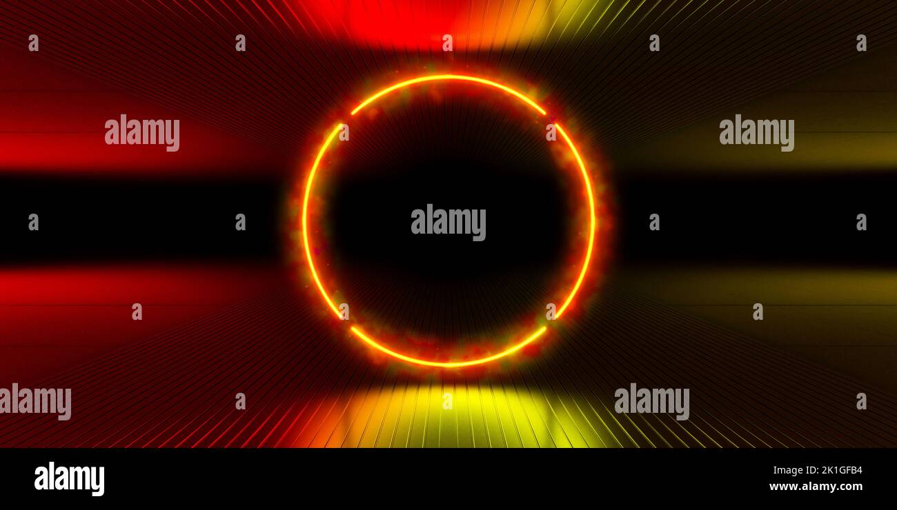 Glowing neon circle lights, dark stage, red yellow vibrant virtual ...