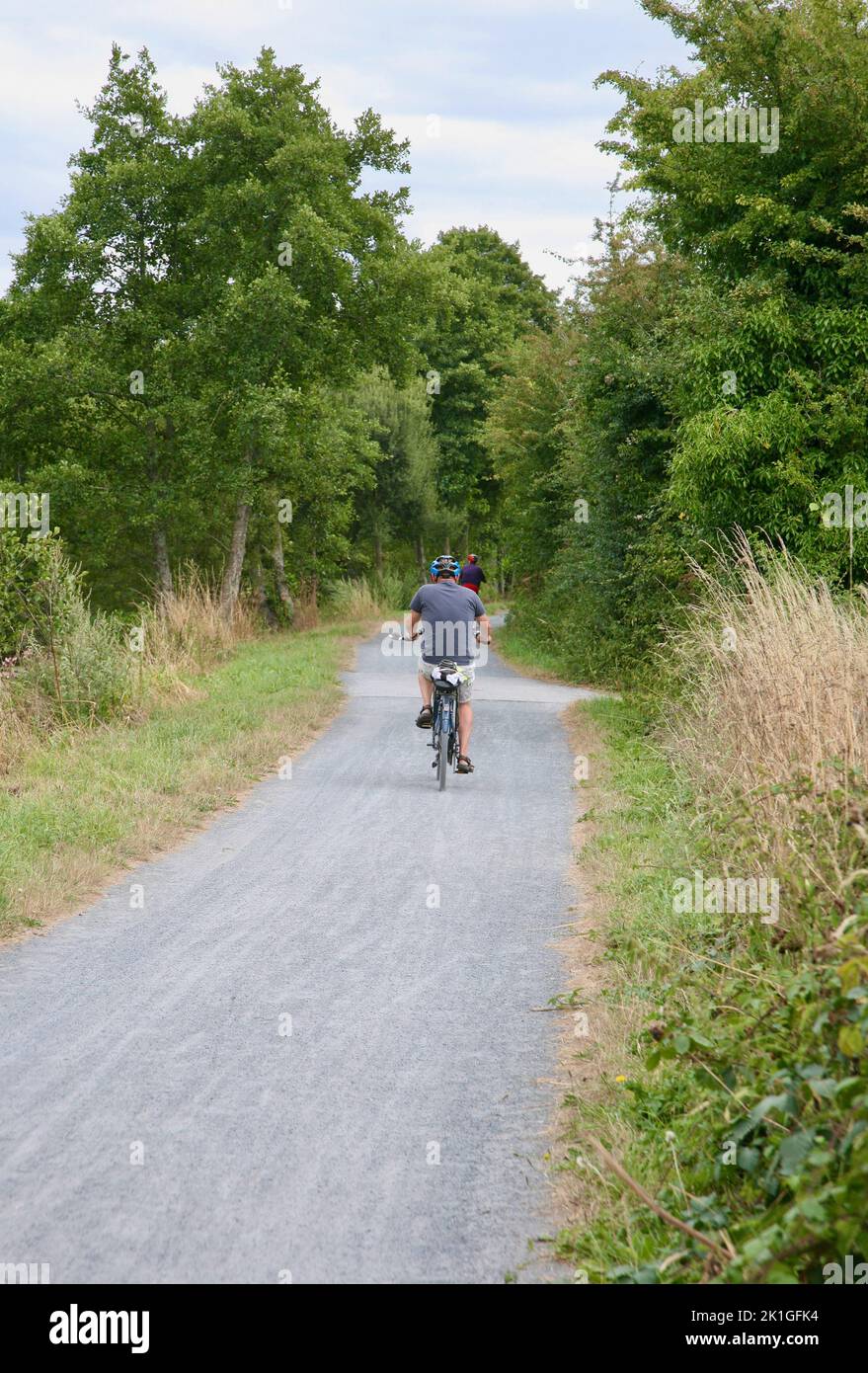 A lone cyclist on the towpath, River Vire, Sant-Lo, Manche, Normandy ...