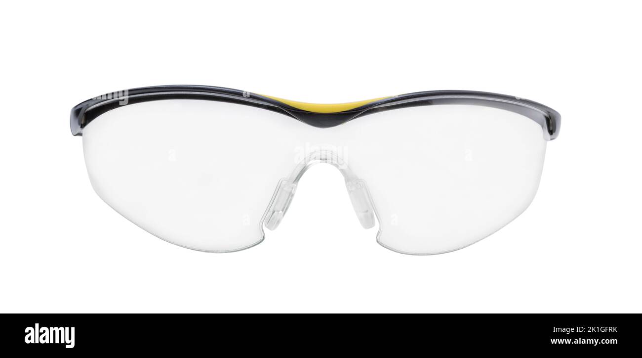 Plastic sports glasses isolated on white. Front view Stock Photo - Alamy