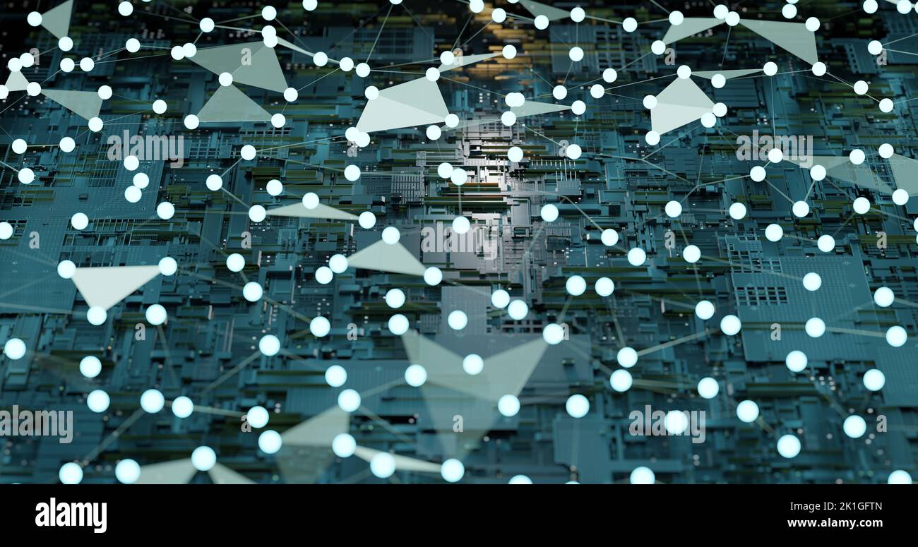 Abstract circuit board with electronic components and foreground neural ...