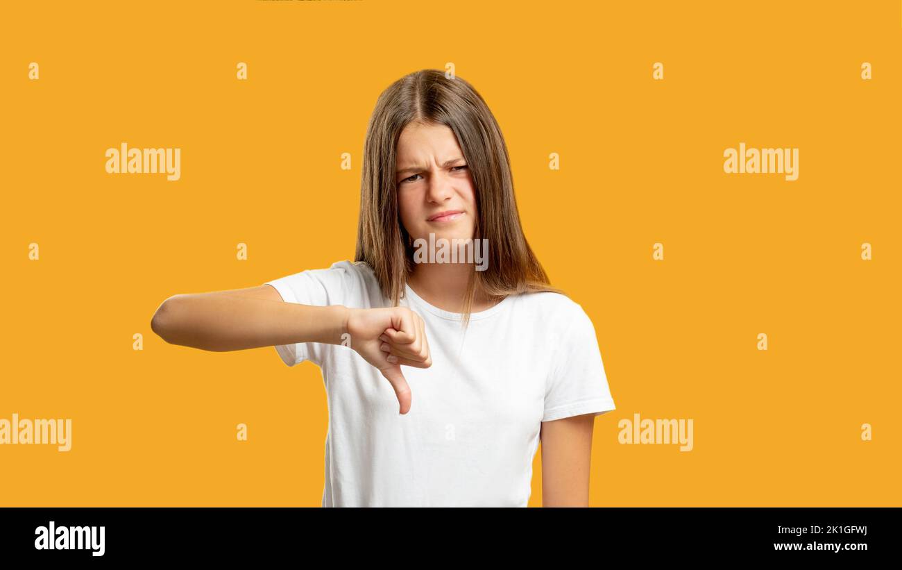 Disappointed child. Dislike gesture. Bad idea. Refusal signal ...