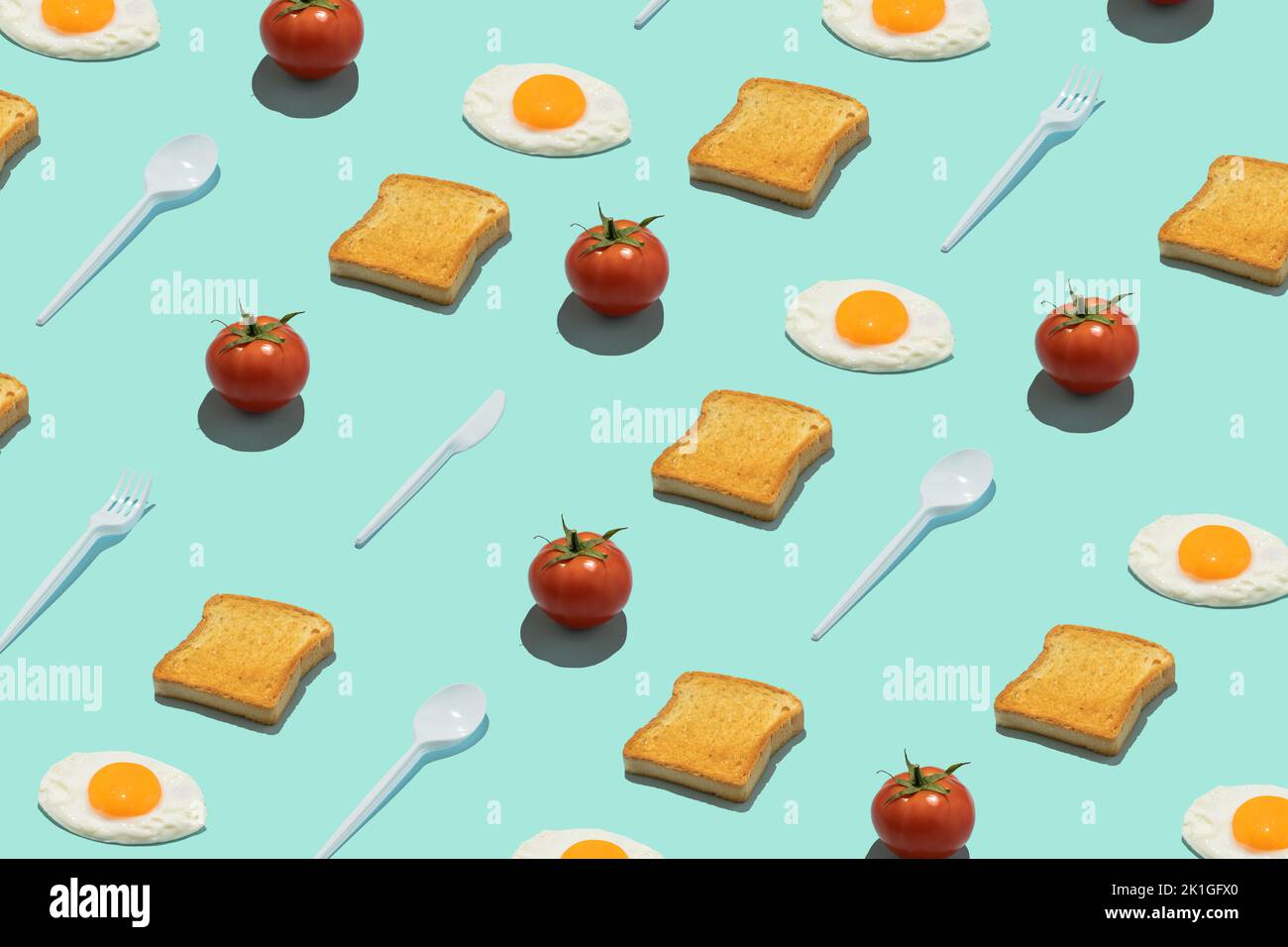 Seamless creative food pattern. Toasts, eggs, tomatoes and plastic food ...