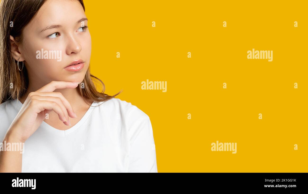 Pensive girl. Commercial background. Offer promotion. Inspiration ...