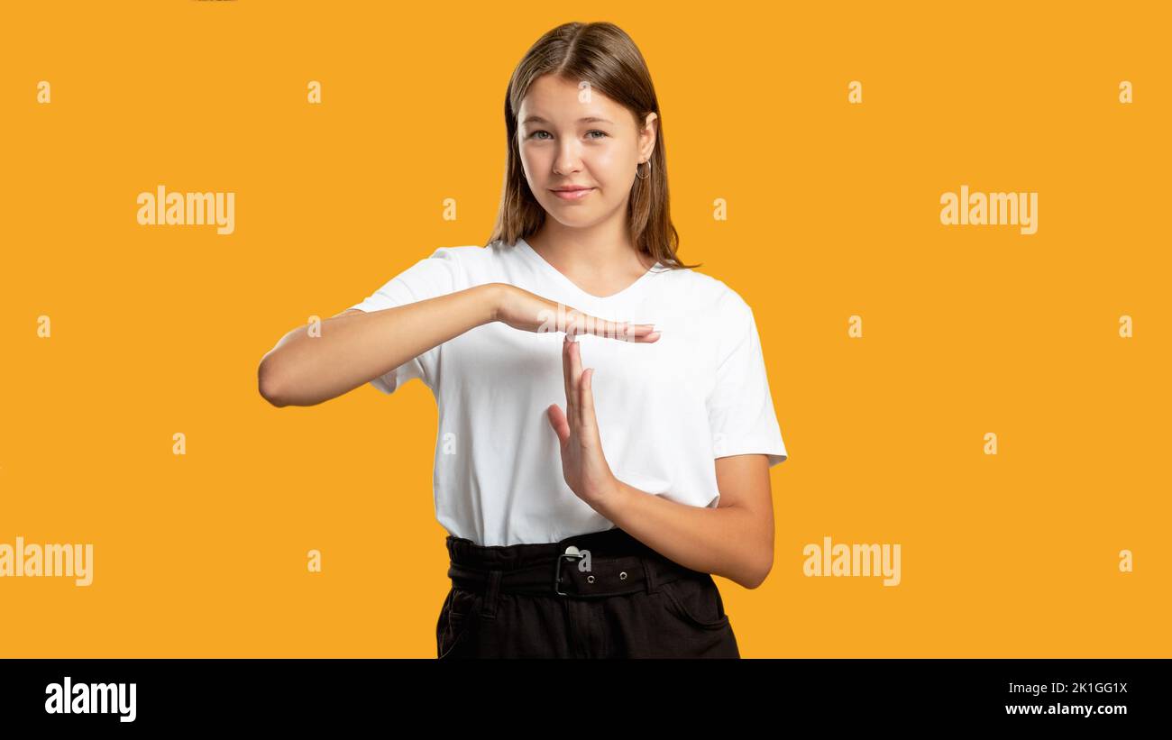 Break time. Female strike. Stop gesture. Portrait of concerned skeptic ...